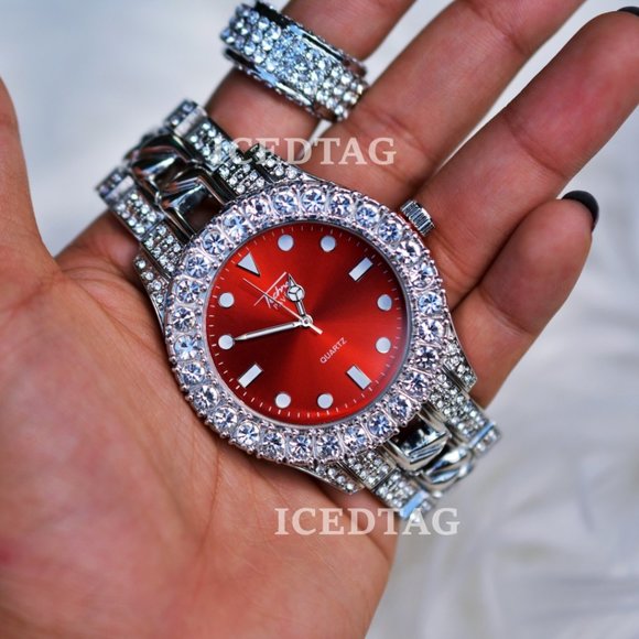 Accessories | Full Iced Out Red Dial Watch Iced Out Ring Set | Poshmark